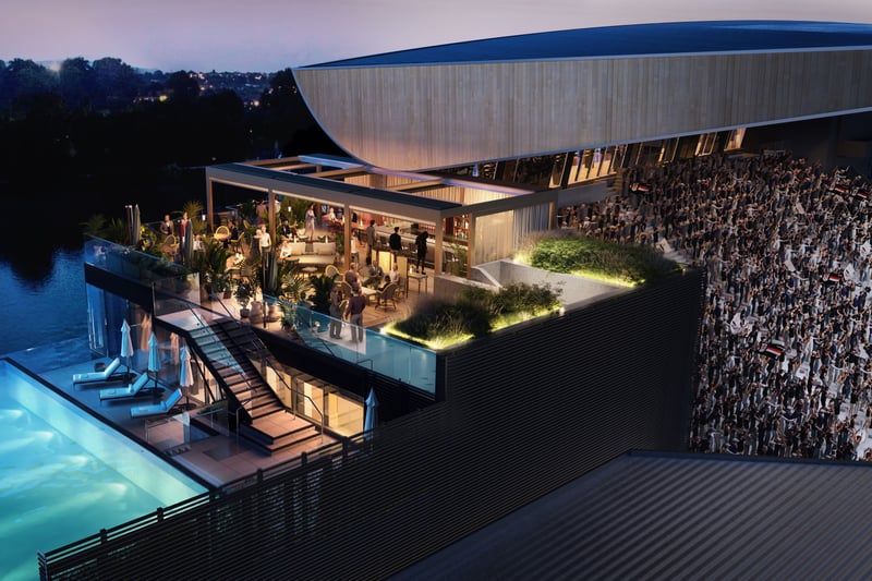 Populous: Fußballstadion aus Airbus-Resten, Pools neben der Tribüne
