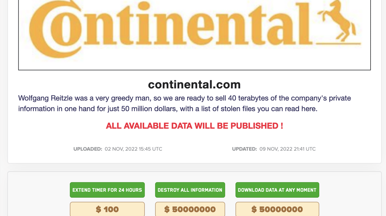 Continental: Hacker stellen Conti-Daten für 50 Millionen Dollar zum Verkauf